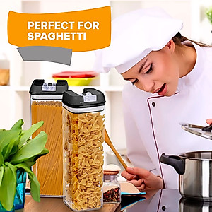 Cheer Collection One Size Airtight Food Storage Containers - Set of 4 IDENTICAL 65 oz Pantry Organizer Bins plus Marker and Labels - Black Lids