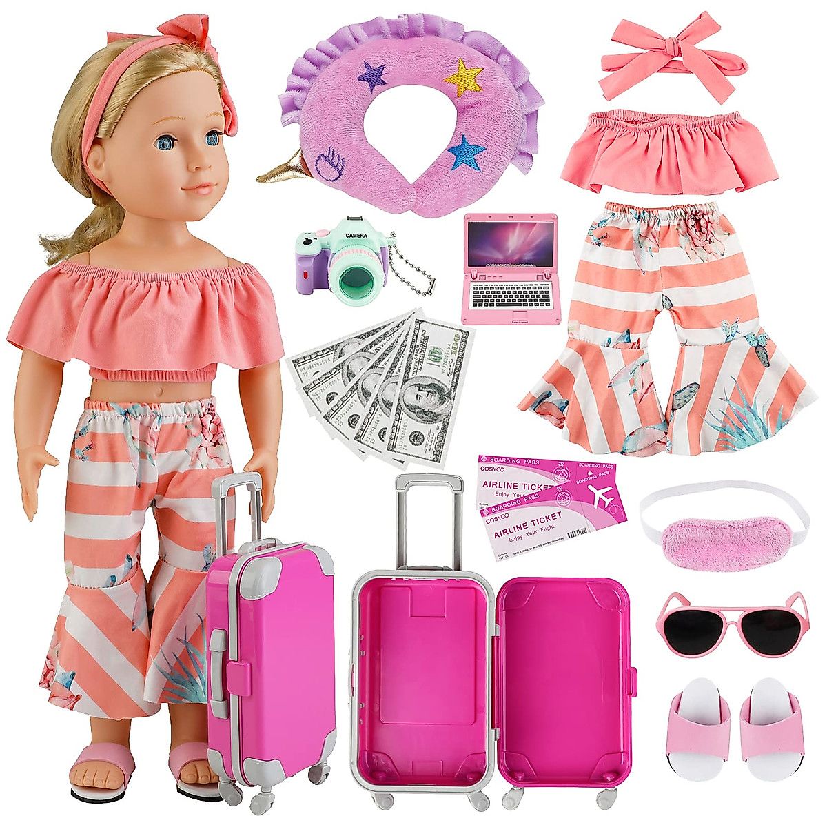COSYOO 17 PCS Doll Travel Set Suitcase American Doll Accessories for Girl 18 Inch Including Suitcase Luggage A Set of Clothes Slippers Sunglasses Camera Laptop Unicorn Pillow Blindfold