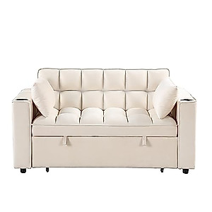 4-in-1 Multi-Functional Convertible Sofa Bed w/Cup Holder and USB Port,Velvet Upholstery Sleeper Couch Pull-Out Sofabed, 55.3'' Loveseat Chaise Lounge with Pillows for Living Room,Small Place