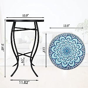 VCUTEKA Mosaic Outdoor Side Table, 14" Round Small Patio Accent Table Indoor End Table for Yard, Garden, Living Room, Bistro Balcony or Lawn Blue