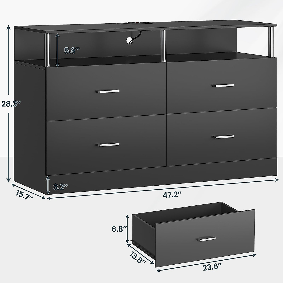 AOGLLATI Black Dresser for Bedroom with 4 Drawers,Dressers & Chests of Drawers with Column Design & Charging Station, Modern Bedroom Led Long Dresser for Bedroom Closet