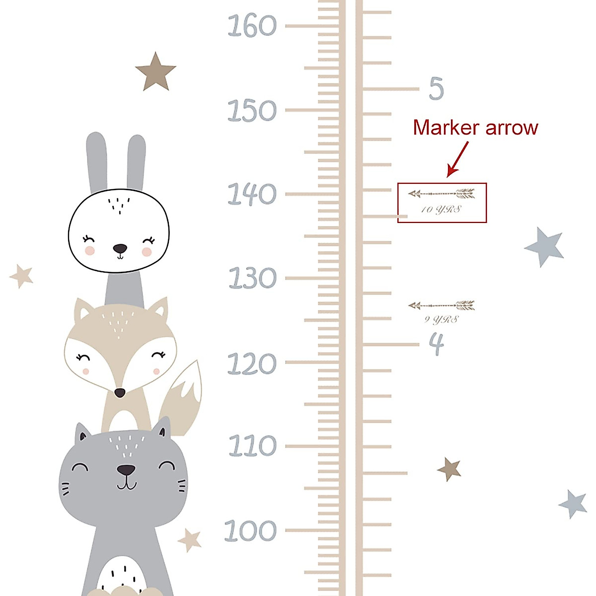 Cartoon Animals Height Growth Chart Wall Sticker Boho Style Peel and Stick Removable Wall Decals Children Kindergarten Nursery Bedroom Door Decoration (Beige & Grey)