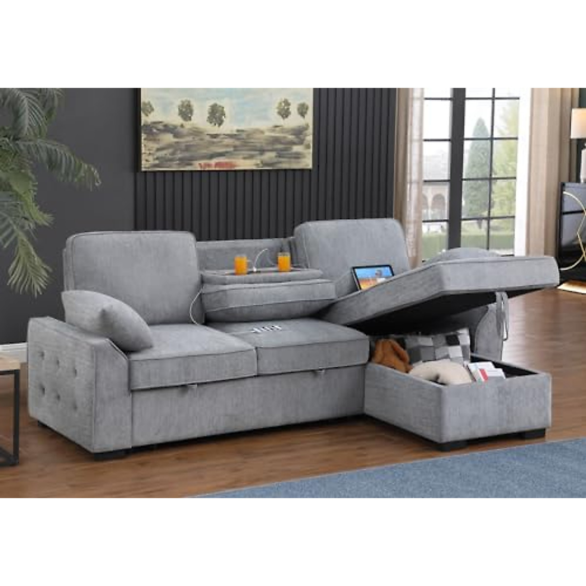 Lilola Home Mackenzie Light Gray Chenille Fabric Sleeper Sectional with Right-Facing Storage Chaise, Drop-Down Table, Cup Holders and Charging Ports