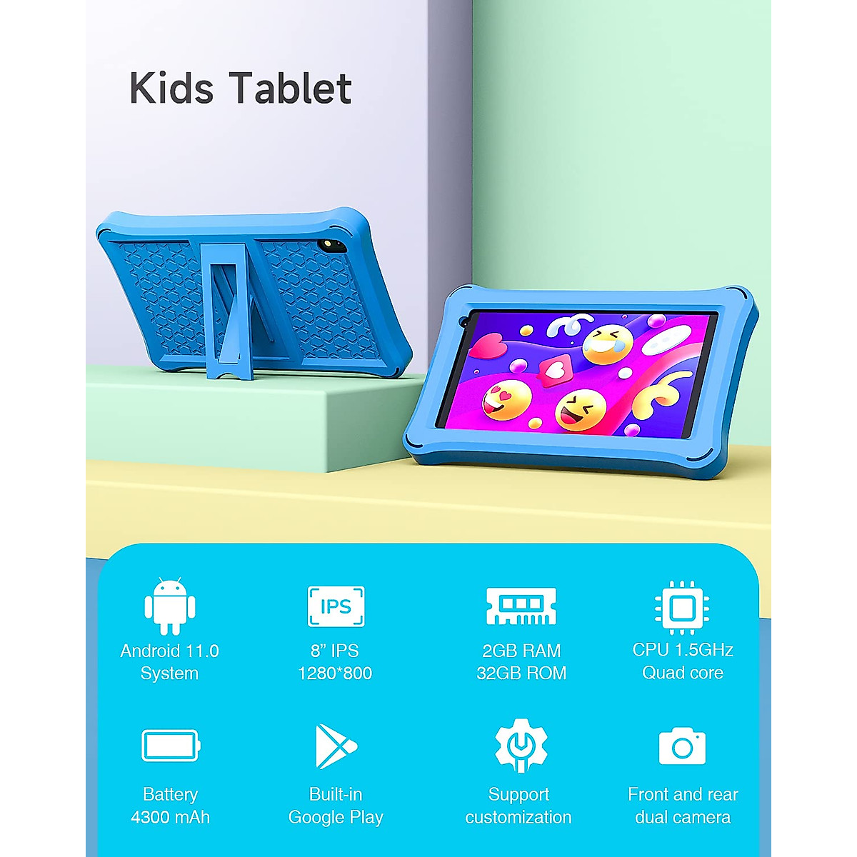 Tablet for Kids, 8 inch Kids Tablet 2GB RAM 32GB ROM Android 11 Tablets IPS Touch Screen 1280x800, Iwawa & Parent Control Toddler Tablet, WiFi, Dual Camera, 4300mAh Battery, Shockproof Case, Blue