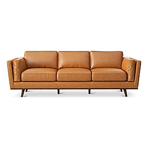 Pemberly Row Mid Century Modern 89" Genuine Cognac Tan Pure Italian Leather Sofa Couches for Living Room