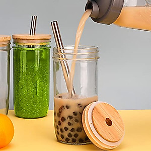 Mixrug Bubble Tea Cups 24oz 2 Pack, Reusable Iced Coffee Cups Wide Mason Mouth Smoothie Cups With Bamboo Lids and Silver Straws, Mason Jar Drinking Glasses Cups, Travel Glass Drinking Bottle