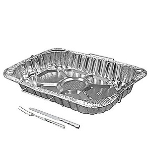 Tiger Chef 1-Pack, Disposable Durable Aluminum Large Rectangle Turkey Roasting Pan with Handle Rack, Includes Stainless Steel Meat Knife and Fork, Extra Large Size 18 x 15.25 x 2.5 inches deep