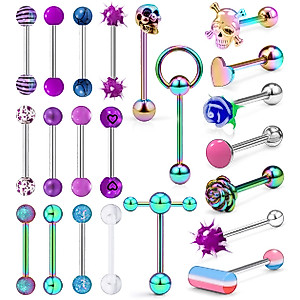 Ronbemo 22Pcs Assorted Styles 14G Tongue Rings Stainless Steel Tongue Piercing Barbells Long Tounge Piercing Jewelry for Women Men Rainbow