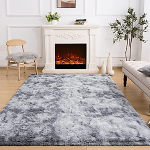 Softlife Fluffy Rug for Living Room, 6x9 Feet Plush Area Rug for Bedroom, Tie-Dyed Grey Furry Shag Rug for Aesthetic Christmas Room Decor, Soft Modern Fuzzy Faux Fur Carpet for Kids Nursery Room Dorm