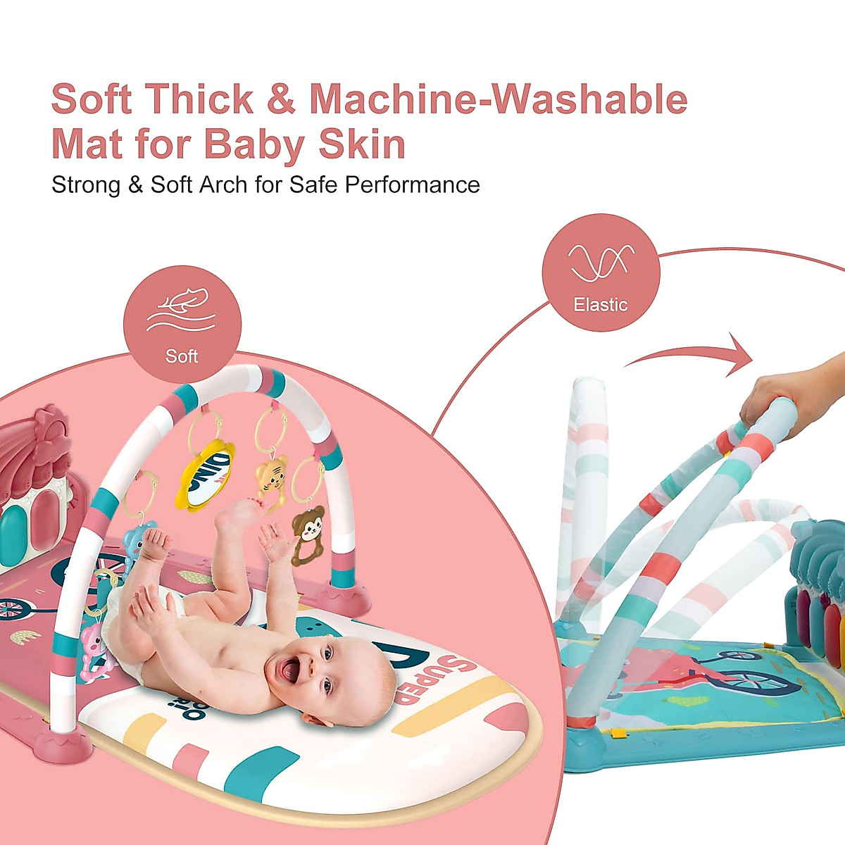 dearlomum Baby Play Mat Baby Gym, Piano Tummy Time Baby Activity Gym Mat with 5 Infant Learning Sensory Baby Toys, Music and Lights Boy & Girl Gifts for Newborn Baby 0 to 3 6 9 12 Months(Pink)