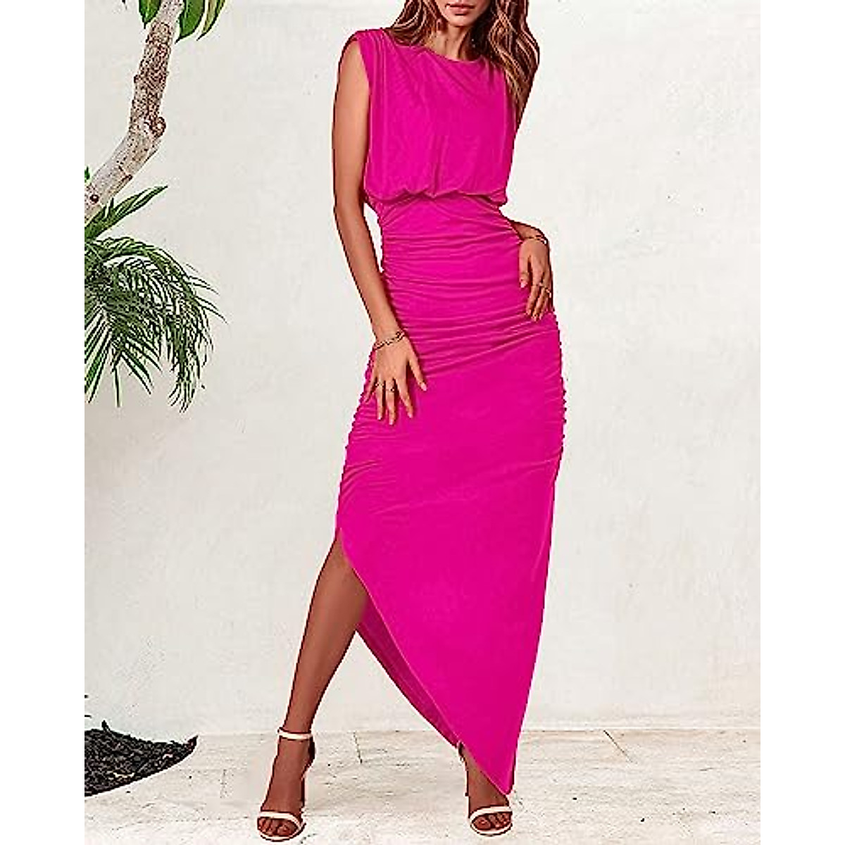 BTFBM Semi Formal Dresses for Women Sleeveless Sundress Asymmetrical Slit Ruched Bodycon Long Wedding Guest Dresss(Solid Rose Red, Medium)