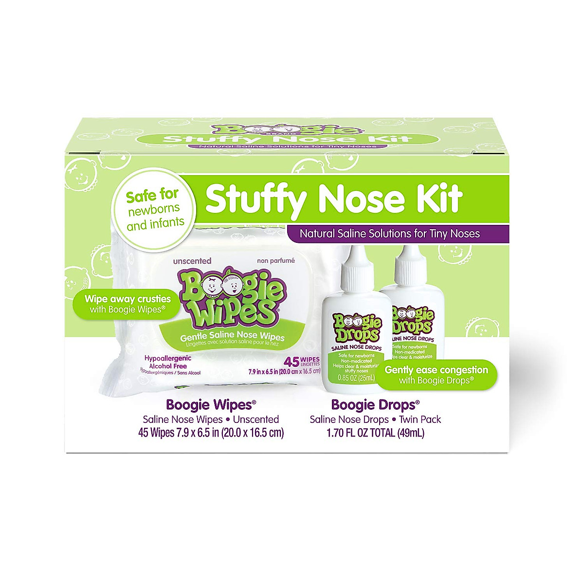 Boogie Stuffy Nose Relief Kit Wipes, FSA/HSA Eligible, Baby Wipes Unscented Wipes 45 Count (Pack of 1), Baby Nasal Saline Drops Drops 2 Bottles Total (Pack of 1)…