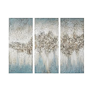 Madison Park Wall Art Living Room Décor - Embellished Hand Painted Canvas, Home Accent Glitter Abstract Bathroom Decoration Ready to Hang Painting for Bedroom, 15" W x 35" H x 1.5" D, Blue 3 Piece