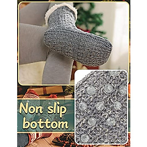 Fuzzy Slipper Socks for Women Fluffy Cozy Cabin Fleece Winter Warm Plush Home Thick Comfy Grips Non Slip Socks Christmas Gift Stocking Stuffer（Knit- Grey Blue）