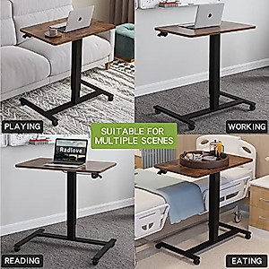 Mobile Standing Desk Height Adjustable Sit to Stand Table, 28 x 20'' Pneumatic Laptop Desk with Gas Spring Riser, Overbed Table with Lockable Wheels for Offices, Home, Medical (Rustic Brown)