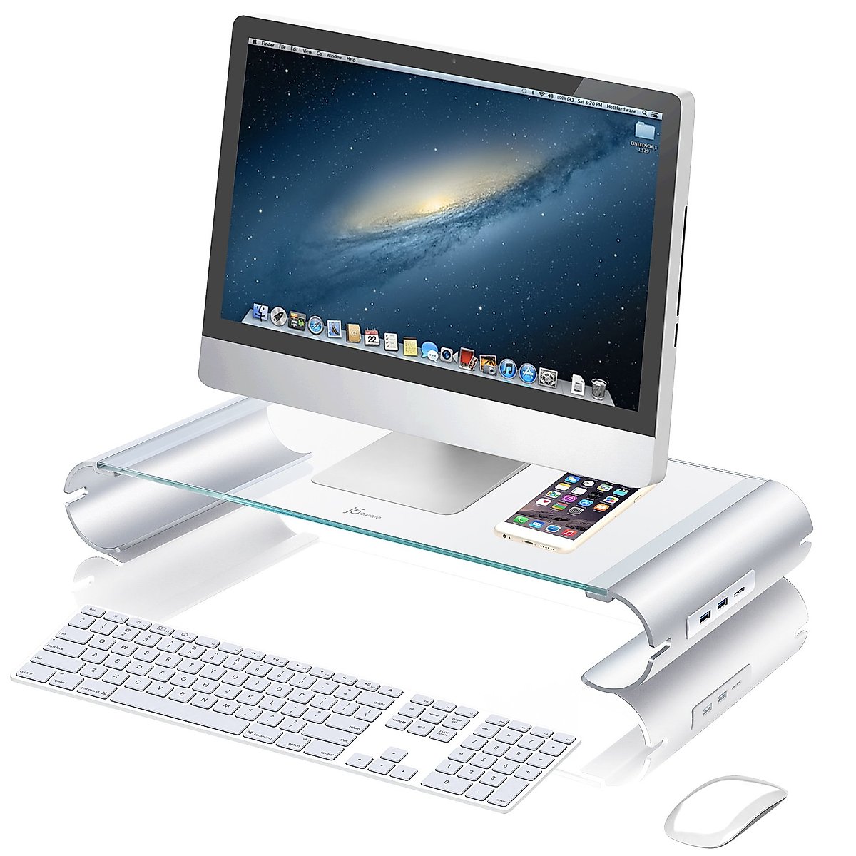 j5create Monitor Stand with 3-port USB 3.0 HUB JUT325 | Aluminium Legs and Clear Tempered Glass Monitor Riser | Compatible with iMac/Windows/Chrome/Linux Laptop, Macbook