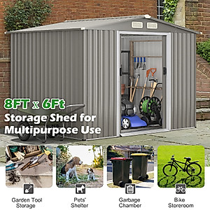 IRONMAX Outdoor Storage Shed with Floor, 8x6 FT Galvanized Steel Large Garden Shed w/Lockable Sliding Doors & Air Vent, Heavy Duty Tool Storage House for Backyard Patio Lawn