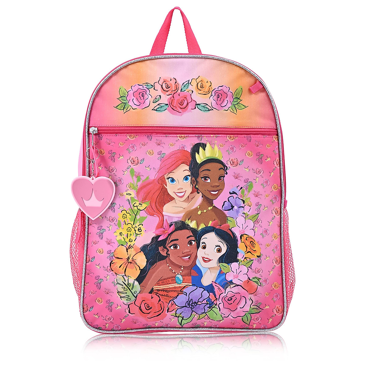 Disney Princess Girls Backpack for Little Kids | 6 Piece Set Girls Water Bottle Keychains Snack Tote and Knapsack for School