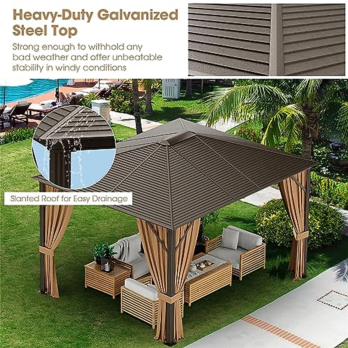 Clihome 12 x10 Ft Galvanized Outdoor Hardtop Gazebo Steel Top and Netting
