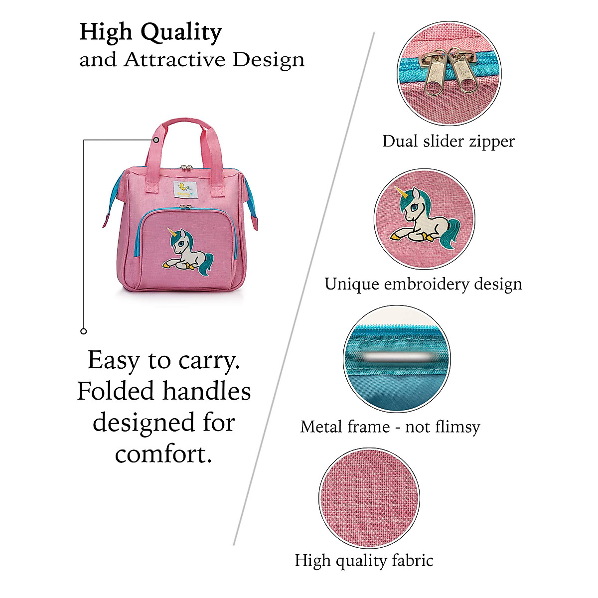 HappyVk- Baby Doll Diaper Bag with Doll Changing Pad and Doll Accessories Set - Handbag for Girls - Unicorn Embroidery