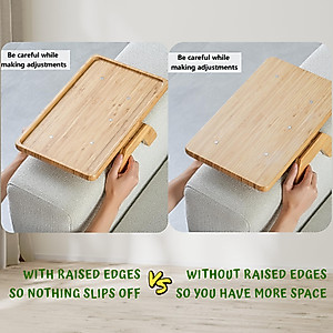 Fabsome Bamboo Couch Arm Tray, TV Dinner Tray for Sofa Loveseats with Cup Holder Phone Tablet Holder, Clip on Armrest Side End Table Replacement for Meal Drink Remote Glasses, with Raised Edges