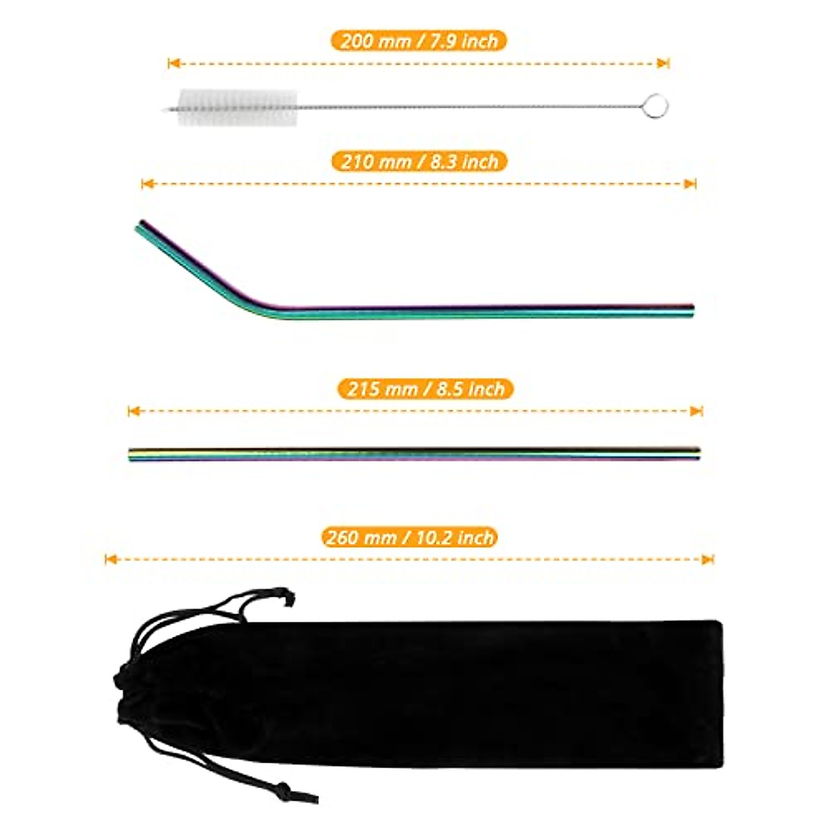 MJIYA Reusable Stainless Steel Metal Straws with Case Cleaning Brush, Long Drinking Straws for 30 oz and 20 oz Tumblers