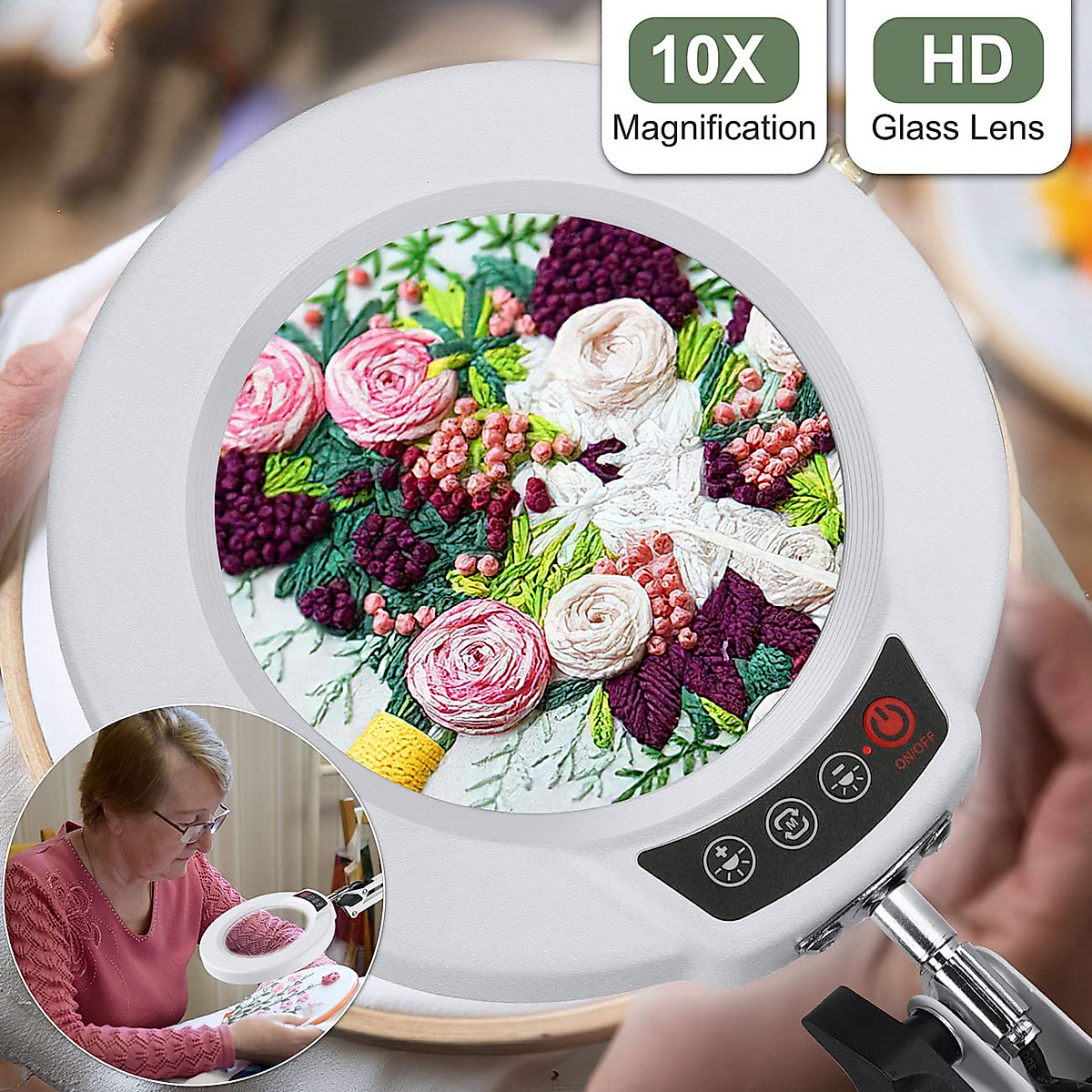 Krstlv 10X Magnifying Glass with Light and Stand, Upgrade Button 5 Color Modes Stepless Dimmable, 2-in-1 LED Lighted Magnifier Light, Hands Free Desk Lamp with Clamp for Craft Hobby Close Work - White