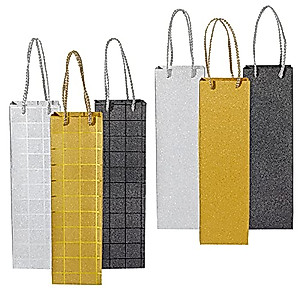 Juvale 6 Pack Foiled Glitter Wine Bottle Gift Bags with Handles for Holidays, New Years, Birthdays (Silver, Black, Gold, 3.8 x 14 x 3.3 In)