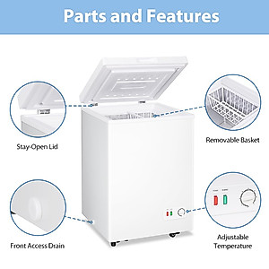 Chest Freezer, Small Deep Freezers Top Door with Removable Basket, 7 Temperature Control Energy Saving, Compact Freezer for Home Kitchen Office Dorm Apartment Indoor Use, White