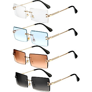 Frienda 4 Pairs Rimless Rectangle Sunglasses Frameless Square Glasses Vintage Transparent Eyewear for Women Men (Classic Colors,Metal Frame)