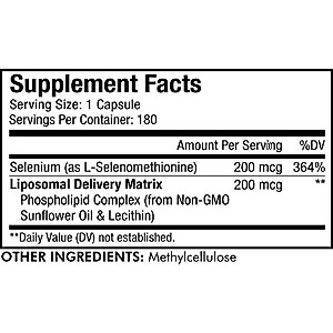 Codeage Selenium 200 mcg Supplement, 6-Month Supply, Immune Support, Mineral Cofactor Selenomethionine, Phospholipids, Vegan, Liposomal Delivery, 180 Capsules