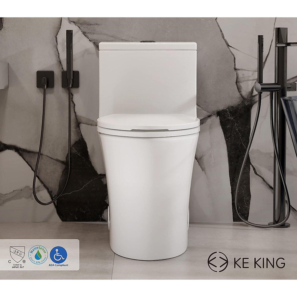 KE KING Water Saving 0.8/1.28 GPF High Efficient Dual-Flush Elongated One-Piece Toilet with Comfort Chair Seat ADA Height, Sleek White Toilet Bowl