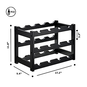 VASMIA Bamboo Wine Rack, Sturdy and Durable Wine Storage Cabinet Shelf, Wine Racks Countertop for Pantry,Kitchen,3-Tier 12 Bottles Wine Rack Black