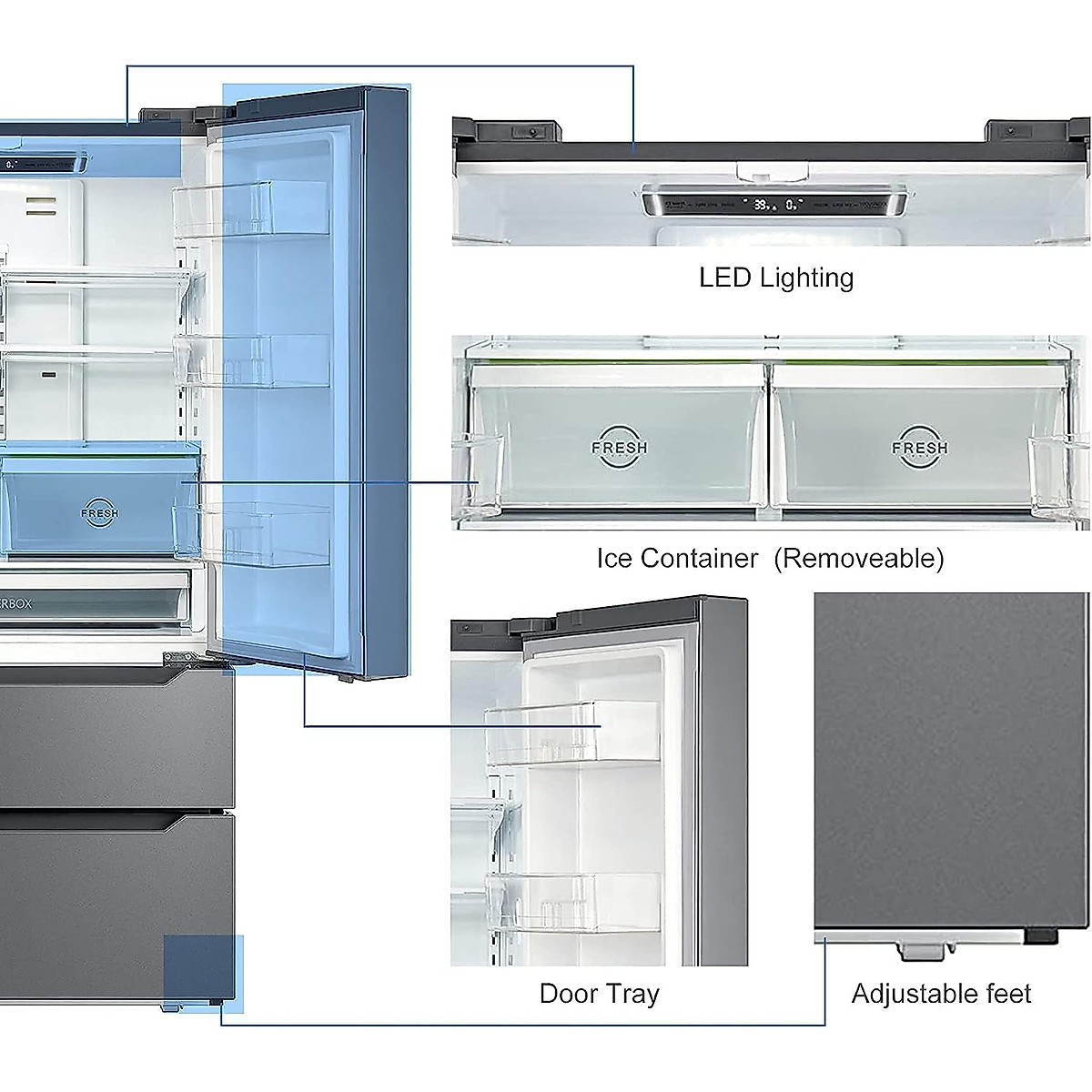 SMETA French Door Kitchen Refrigerators with Ice Maker, 22.5 Cu.Ft Counter Depth Fridge for 36 Inch Double Door with Bottom Freezer, Stainless Steel Full Size, Side by Side Fridges neveras para cocina