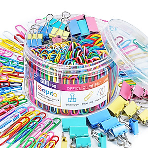 Binder Clips Paper Clips, Sopito 300pcs Colored Office Clips Set with Paper Clamps Paperclips Rubber Bands for Office and School Supplies, Assorted Sizes