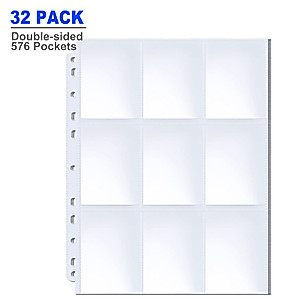 Double-Sided 576 Pockets Trading Card Sleeves Pages - Baseball Card Sleeves Fit 3 Ring Binder, 9 Pocket Page Protector for Standard Size Cards, Sport Cards, Game Cards, Business Cards 32 Pack