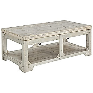 Signature Ashley Farmhouse Lift Top Coffee Table and End Table Set | Whitewash Weathered Finish