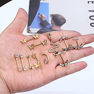 FINREZIO 12PCS 14G Nipple Rings Belly Button Rings for Women Stainless Steel Butterfly CZ Tongue Nipple Barbell Body Piercing Shield Ring Set(Gold)