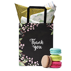 Black Thank You Gift Bags 50 Pack 8" X 10" Medium Size Paper Bags With Handles Floral Design Bulk Thank You Bags For Business Boutique, Gifts Wedding Favors Retail Shopping Goody Bags