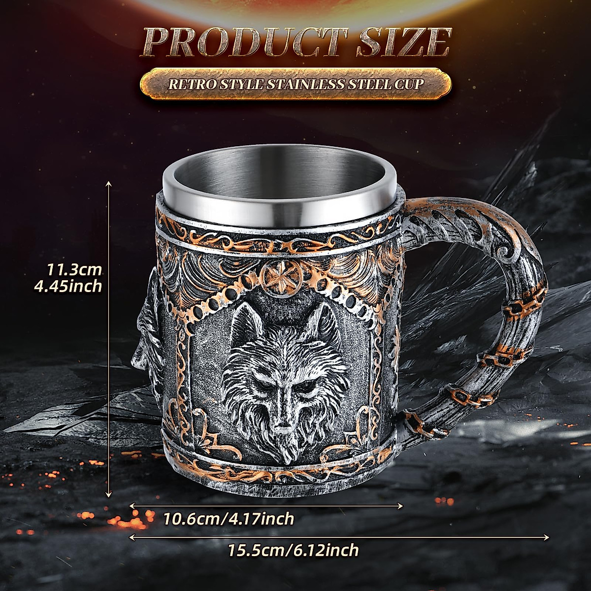 Nordic Viking Rune Mug - Beer Tankard Cup for Men - Stainless Steel Wooden Viking Coffee Cool Mug - Viking Gift and Norse Decor - Medieval Design - Ideal Beer Stein