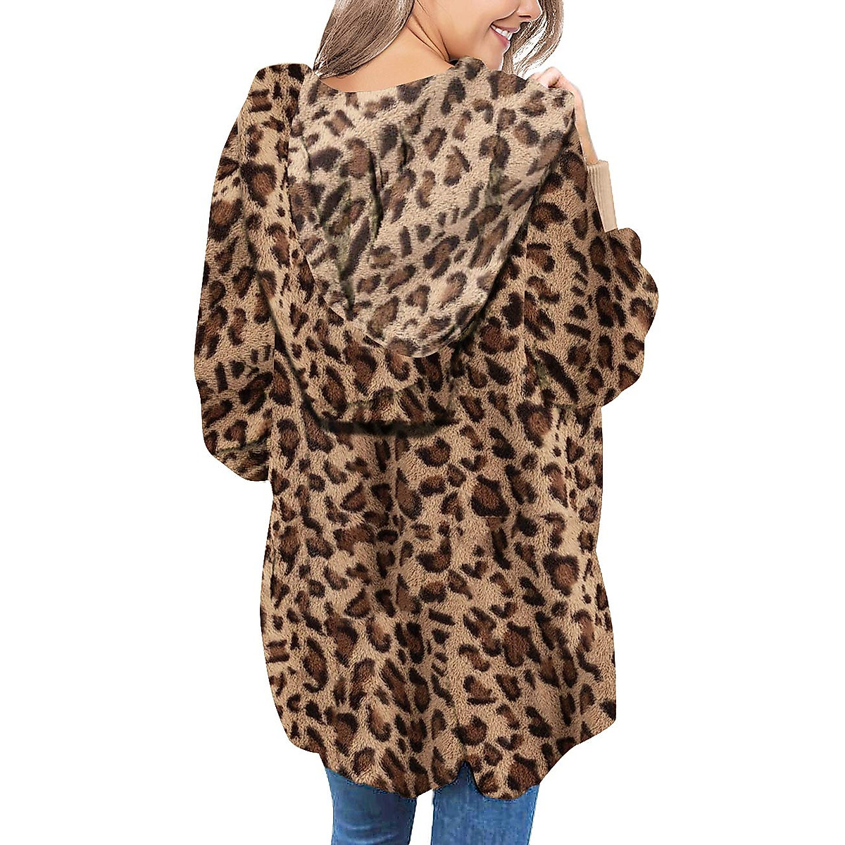 LookbookStore Faux Fur Coats for Women Fleece Hooded Jacket Women Teddy Bear Jacket for Women Fuzzy Coats for Women Leopard Size Large Fits Size 12 / Size 14