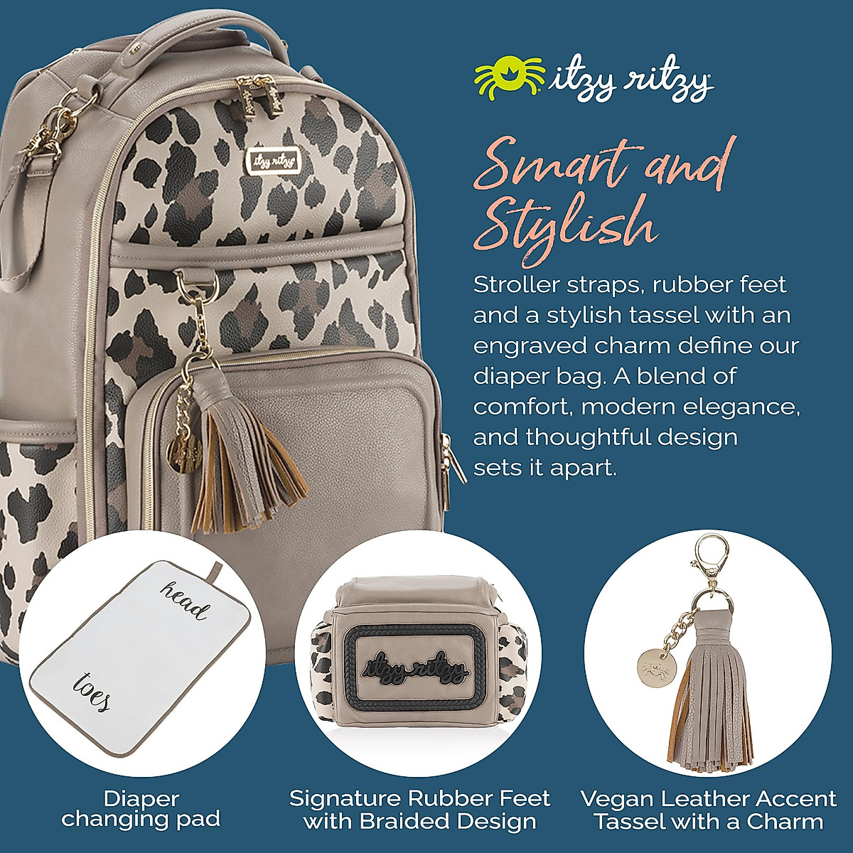 Itzy Ritzy Diaper Bag Backpack – Large Capacity Boss Plus Baby Backpack Diaper Bag Featuring 19 Pockets, Changing Pad, Stroller Clips, and Comfortable Backpack Straps, Leopard