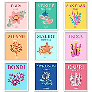 Whaline 9Pcs Preppy Travel Wall Art Prints Colorful Abstract Aesthetic Preppy Room Decor Minimalist Art Poster Decor for Teen Girls Bedroom Pink College Dorm Room Posters(UNFRAMED 8x10in)