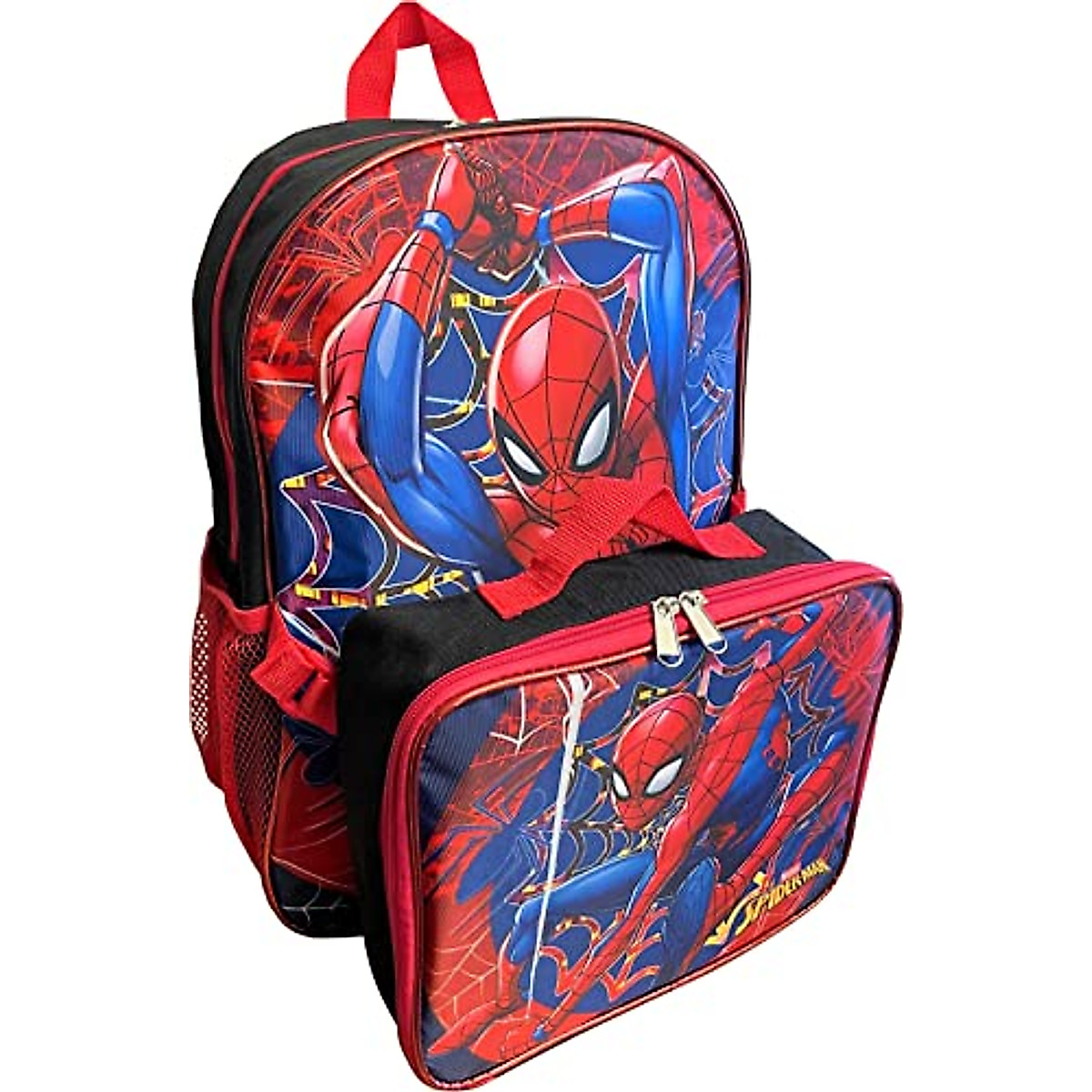 Ruz Spiderman Boy's 16 Inch Backpack With Removable Matching Lunch Box (Black-Red)