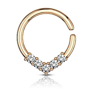 5 CZ Set V Shaped on Round Bendable Cut Ring for Cartilage, Tragus, Septum, and More (Rose Gold)