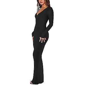 REORIA Women's Sexy Soft Lounge Ribbed Long Dress Fall Elegant Formal Wedding Guest Long Sleeve Deep V Neck Bodycon Maxi Dresses Black Small