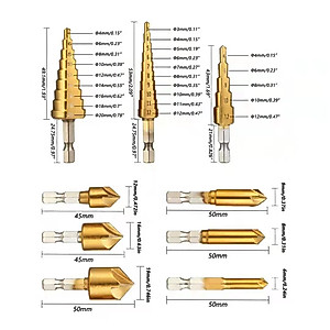 ChewSteel Tools,10 Pieces Step Drill Bit Set 1/4 Inch Hex Shank 5 Flute Countersink Drill Bit Set with 5 Inch Center Punch and Bag for Wood Metal Plastic Glass (4-20/4-12/3-12 mm)