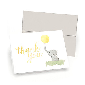 Palmer Street Press Baby Shower Thank You Cards (Set of 10 Cards + Envelopes) - Watercolor Elephant & Balloon (Yellow)