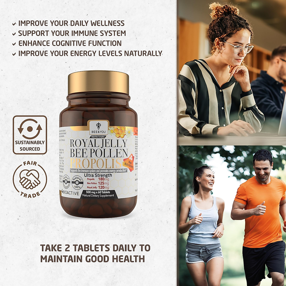 BEE and YOU Royal Jelly Tablet, Propolis Extract, Bee Pollen, 100% Natural Superfood, Ultra Pure, Immune Support Supplement, Improve Energy, Focus, Antioxidants, Fresh, Keto, Paleo, Gluten-Free | 60ct