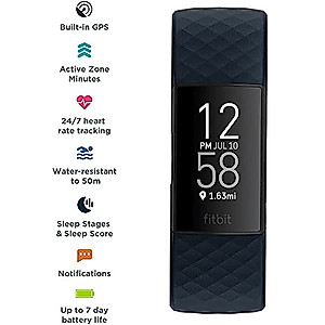 Fitbit Charge 4 Advanced Fitness Tracker W/Built-in GPS, Pay, 24/7 Heart Rate Tracking, Sleep Score, 7 Days Battery - US Model (Black & Blue S/L Bands Included) Storm Blue